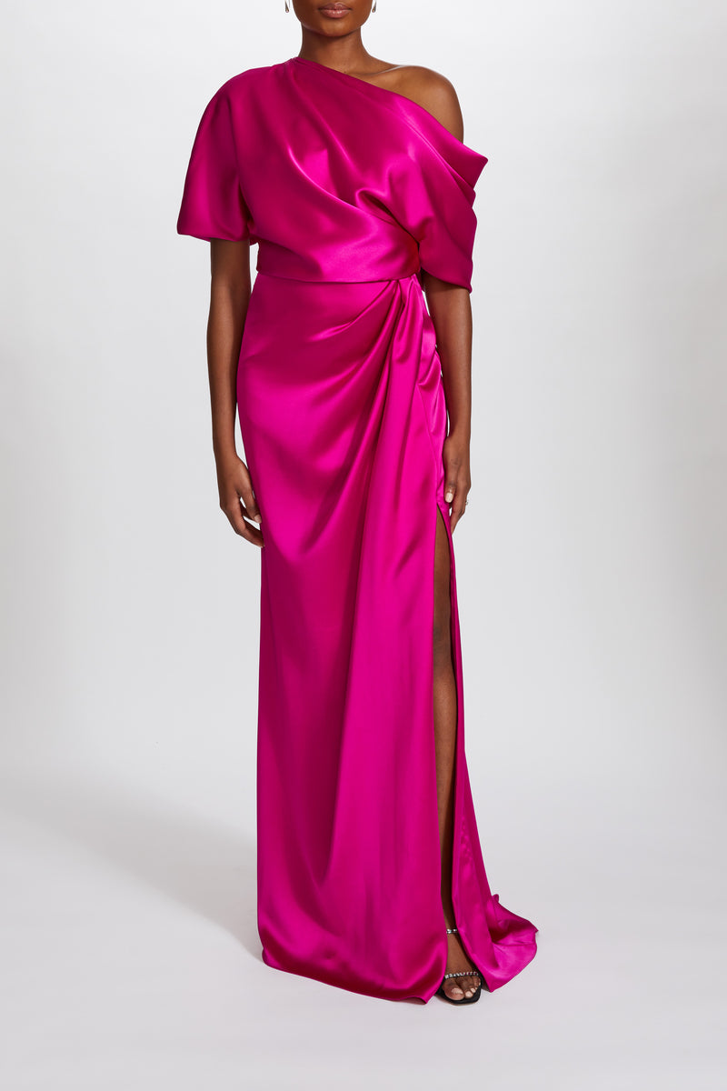 P607S - Fluid Satin Off-the-Shoulder Gown – Amsale